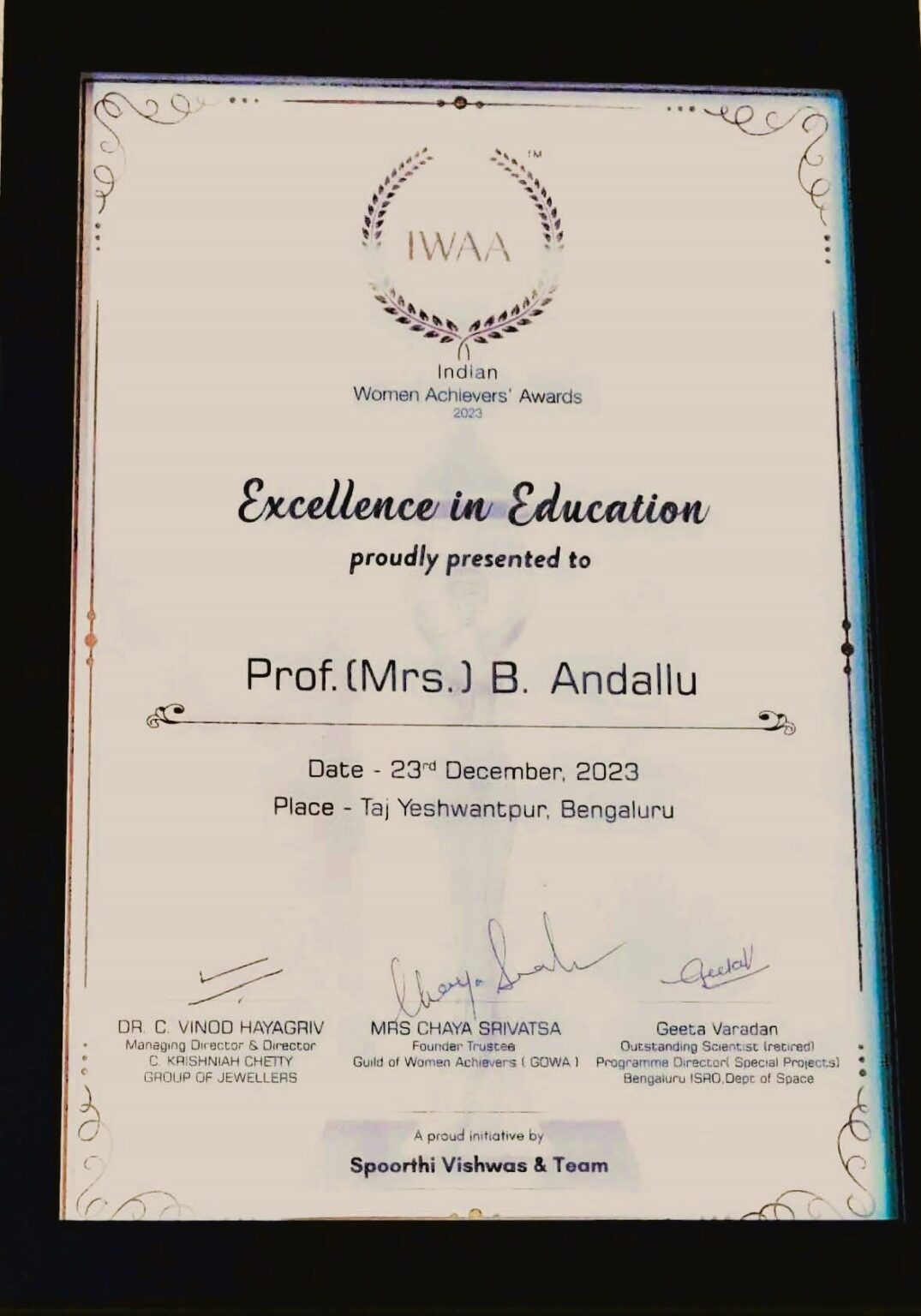 Prof. (Hon.) B. Andallu Bestowed with Indian Women Achievers’ Awards ...
